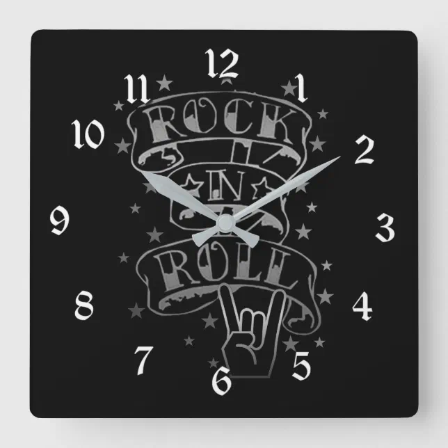 Black & Silver Rock & Roll Logo Square Wall Clock | Zazzle