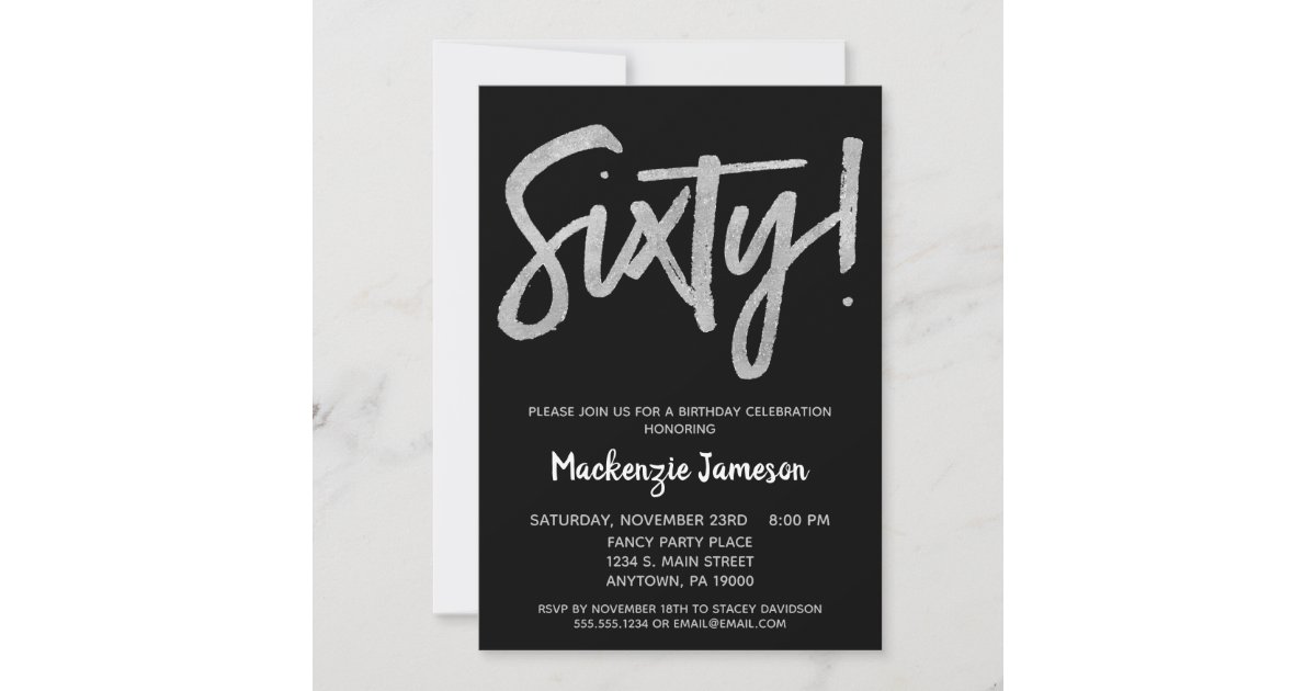 Black Silver Script 60th Birthday Party Invitation | Zazzle