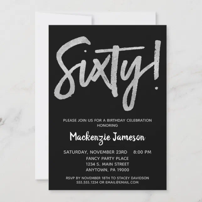 Black Silver Script 60th Birthday Party Invitation | Zazzle