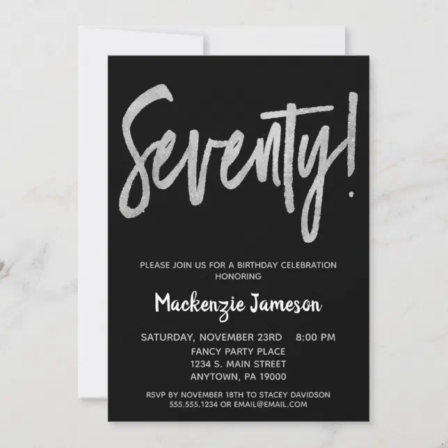 Black Silver Script 70th Birthday Party Invitation | Zazzle