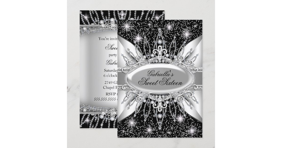 Black & Silver Sparkle Diamond Sweet 16 Invite | Zazzle