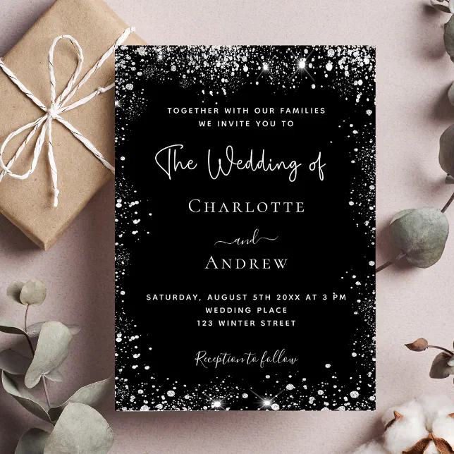 Black silver sparkle elegant wedding invitation | Zazzle
