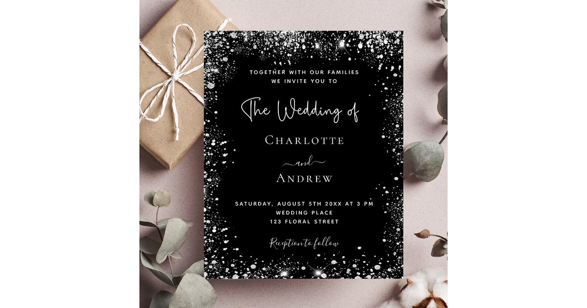 Black silver sparkle wedding invitation budget | Zazzle