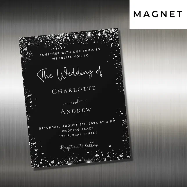 Black silver sparkle wedding invitation magnet | Zazzle