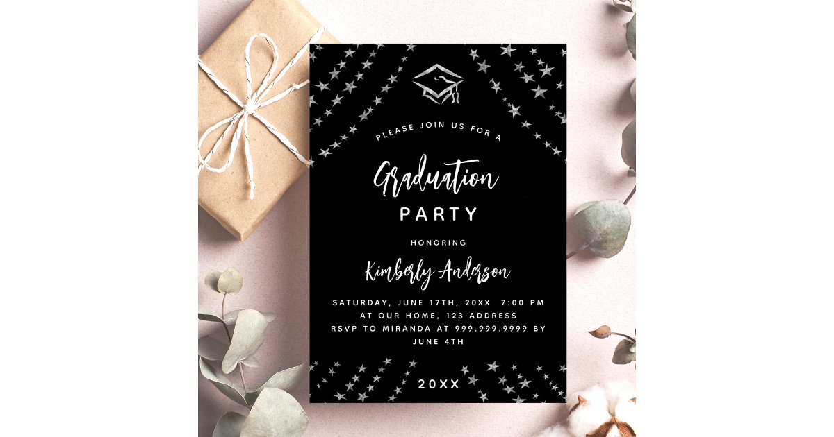 Black silver stars graduation party modern invitation | Zazzle