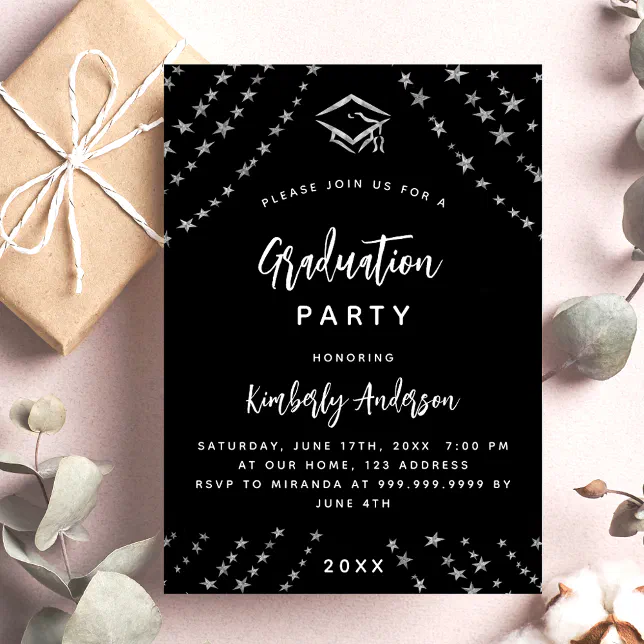 Black silver stars graduation party modern invitation | Zazzle