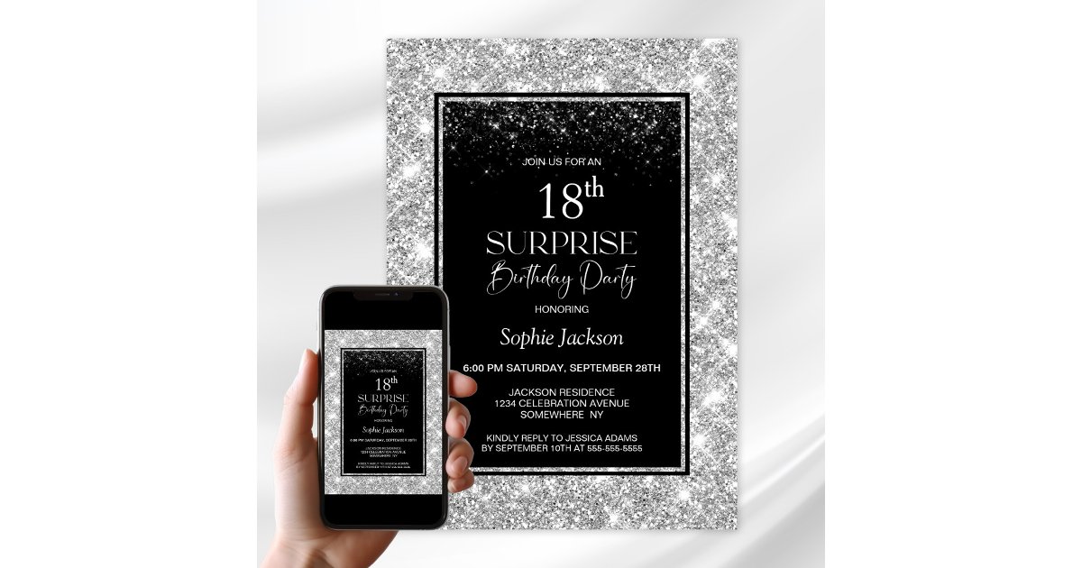 Black Silver Surprise 18th Birthday Party Invitation | Zazzle