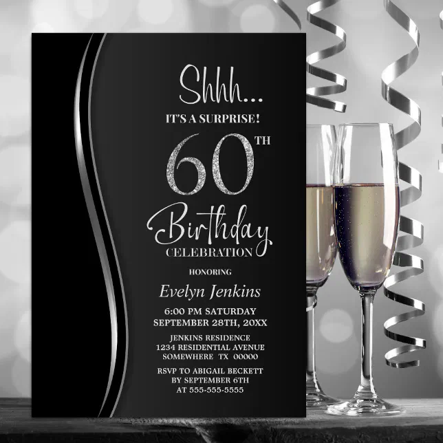 Black Silver Surprise 60th Birthday Invitation | Zazzle
