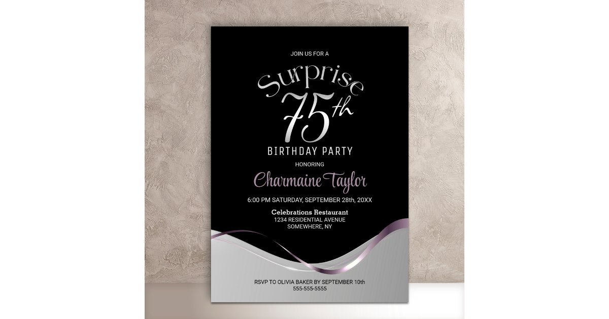 Black Silver Surprise 75th Birthday Party Invitation | Zazzle