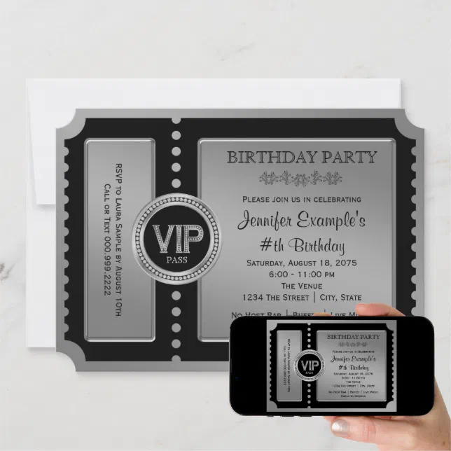 Black Silver Ticket birthday Party Invitation | Zazzle