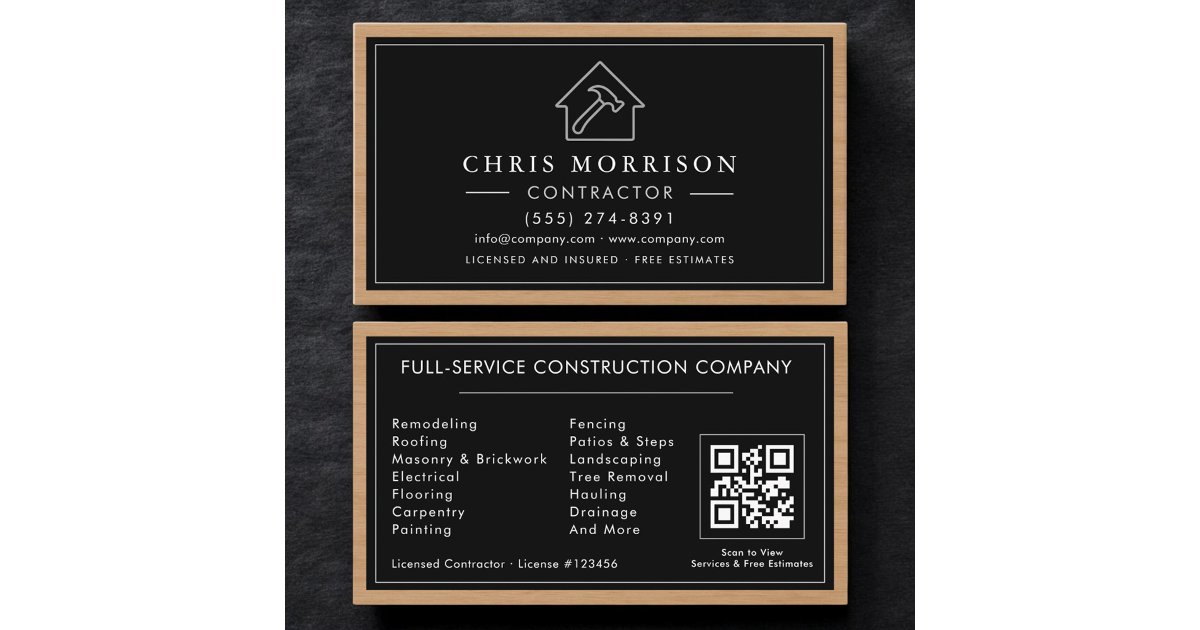 Black Silver Wood Construction Contractor QR Code Business Card | Zazzle