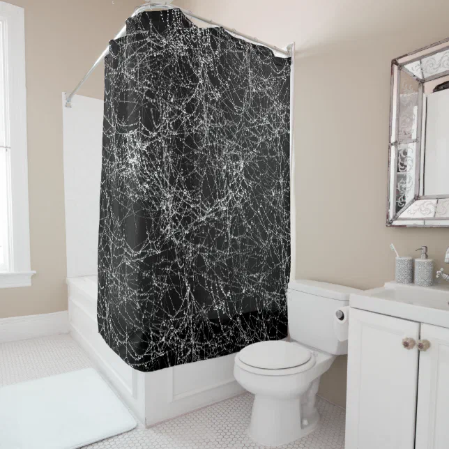 Black & Silvery Spider Webs Chic Halloween Shower Curtain | Zazzle