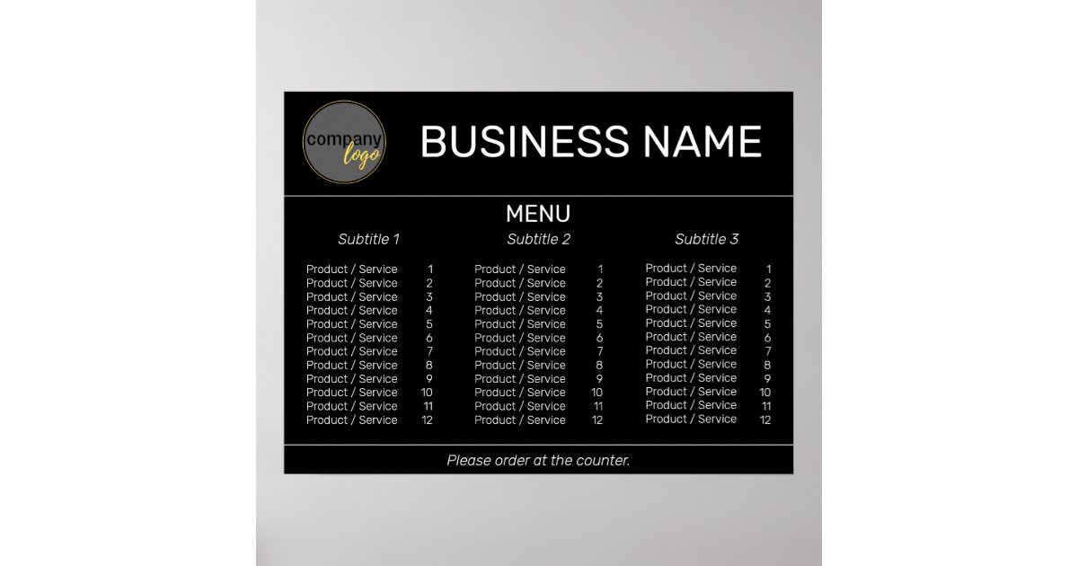BLACK SIMPLE BUSINESS LOGO BRAND MENU LIST CUSTOM POSTER | Zazzle