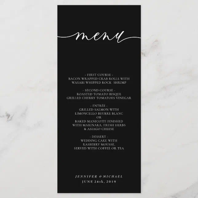 Black Simple Modern Wedding Ceremony Dinner Menu | Zazzle