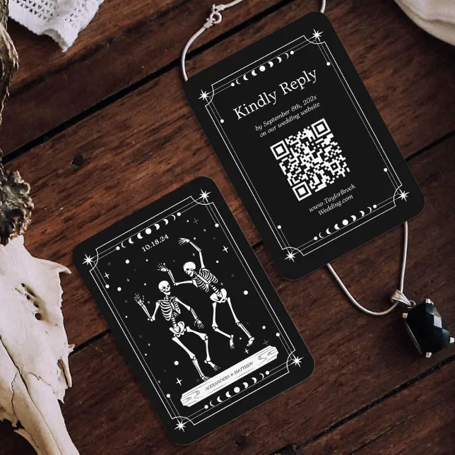 Black Skeleton Halloween Wedding RSVP Qr Code Enclosure Card | Zazzle