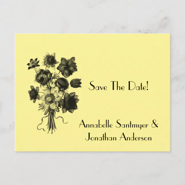 Black Sketched Flowers on Pale Yellow Save The Dat Announcement ...