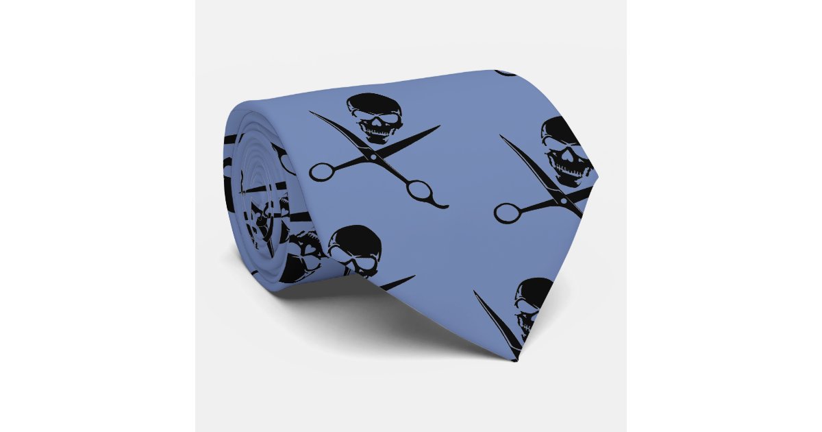 Black Skull and Barber Scissors on Blue Neck Tie | Zazzle