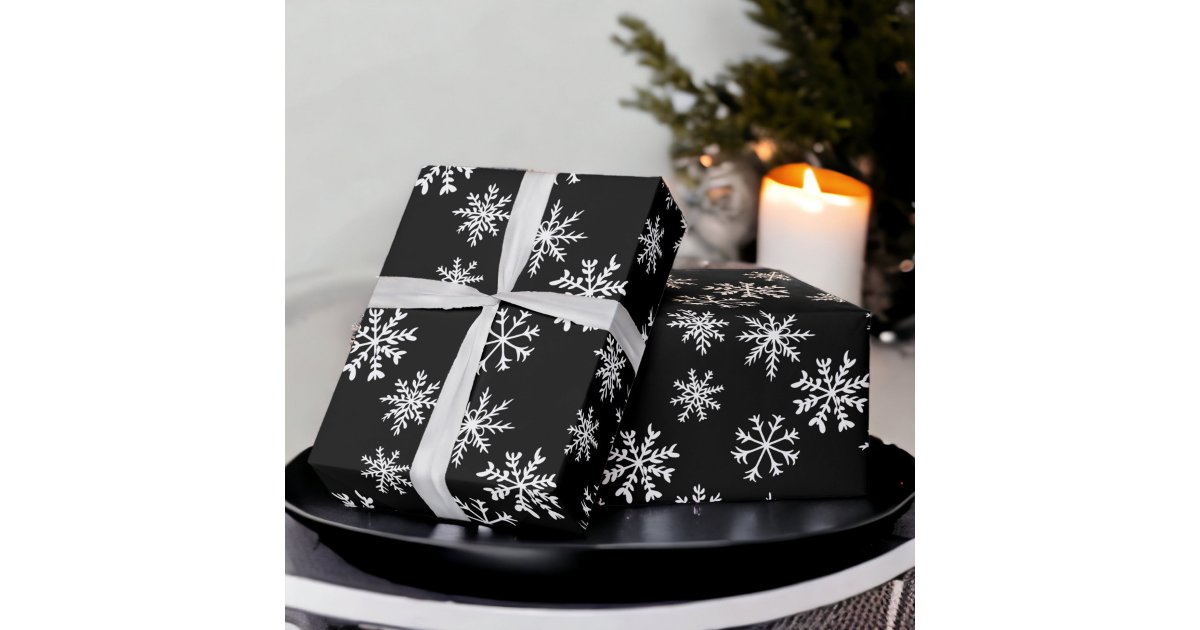 Black snowflakes illustration christmas pattern wrapping paper | Zazzle