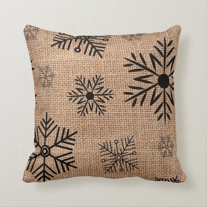 Black Snowflakes On Rustic Burlap Christmas Throw Pillow | Zazzle.com