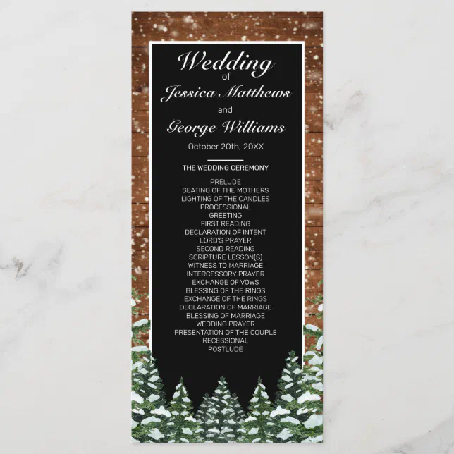Black Snowy Wood & Forest Pine Wedding Program | Zazzle