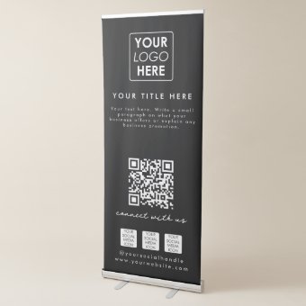 Black Social Media QR Code Logo Business Event Retractable Banner | Zazzle