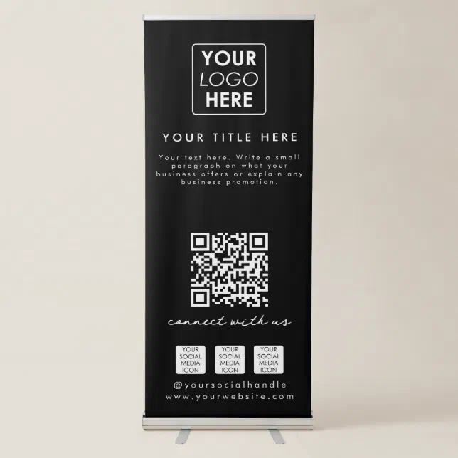 Black Social Media QR Code Logo Business Event Retractable Banner | Zazzle