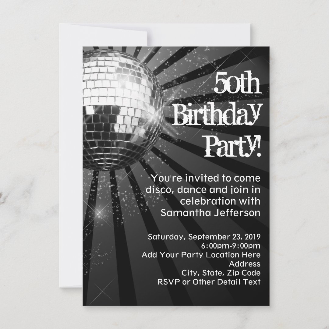 Black Sparkle Disco Ball 50th Birthday Party Invitation | Zazzle