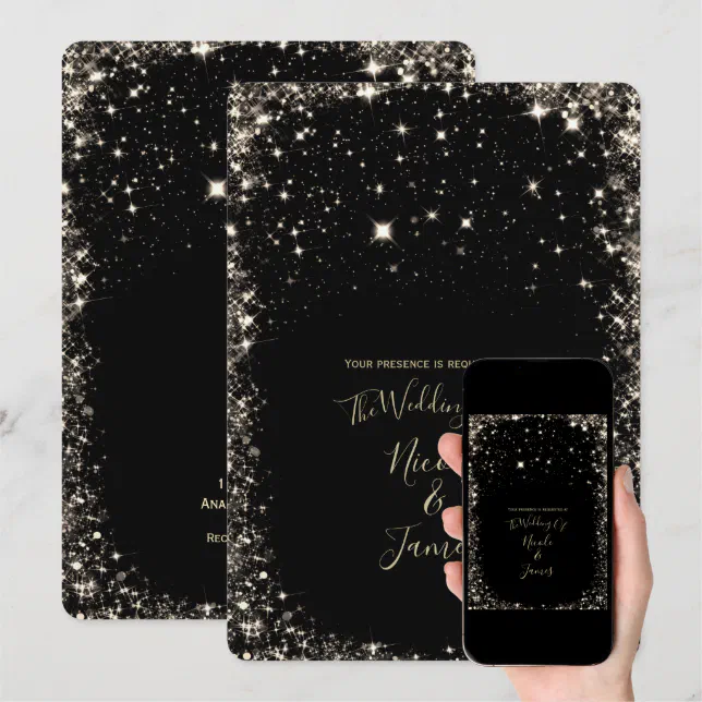Black Sparkles Starry Night Sky Elegant Wedding Invitation | Zazzle