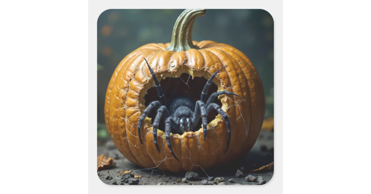 Black Spider Crawling Out of a Pumpkin Square Sticker | Zazzle