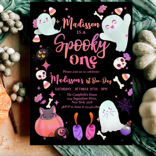 black Spooky One Halloween Ghost 1st Birthday Invitation | Zazzle