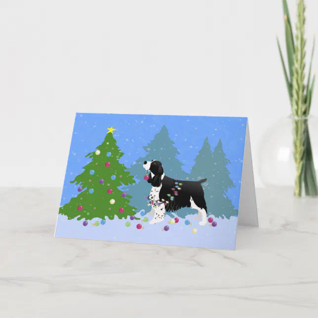 Black Springer Spaniel Decorating Christmas Tree Holiday Card | Zazzle