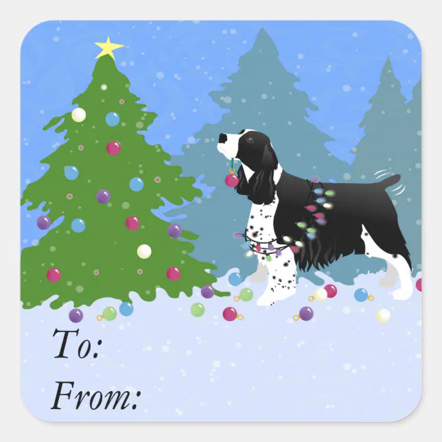 Black Springer Spaniel Decorating Christmas Tree Square Sticker | Zazzle