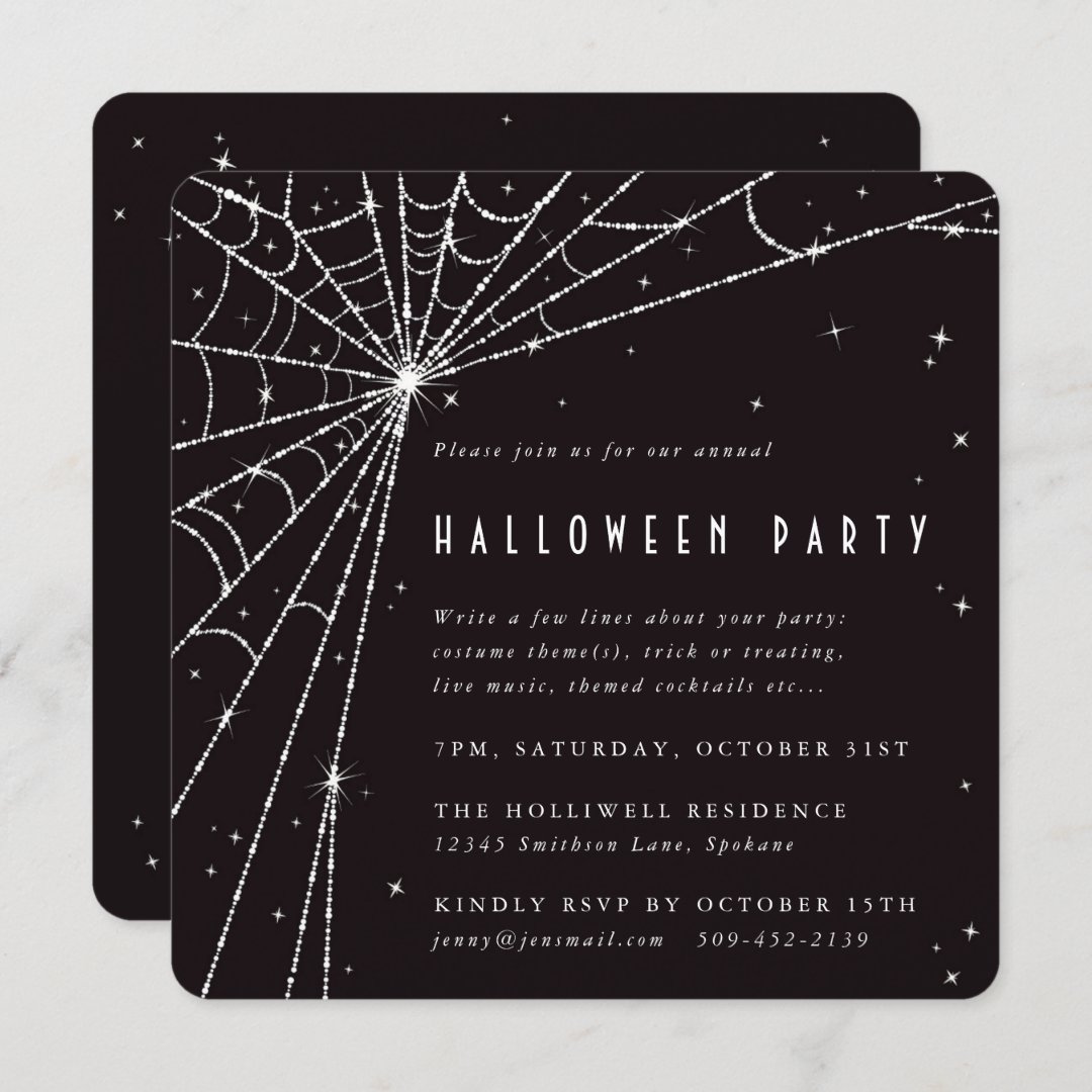 Black Square Diamond Spider Web Halloween Party Invitation | Zazzle