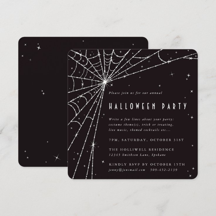 Black Square Diamond Spider Web Halloween Party Invitation | Zazzle