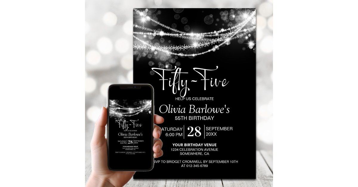Black String Lights 55th Birthday Party Invitation | Zazzle