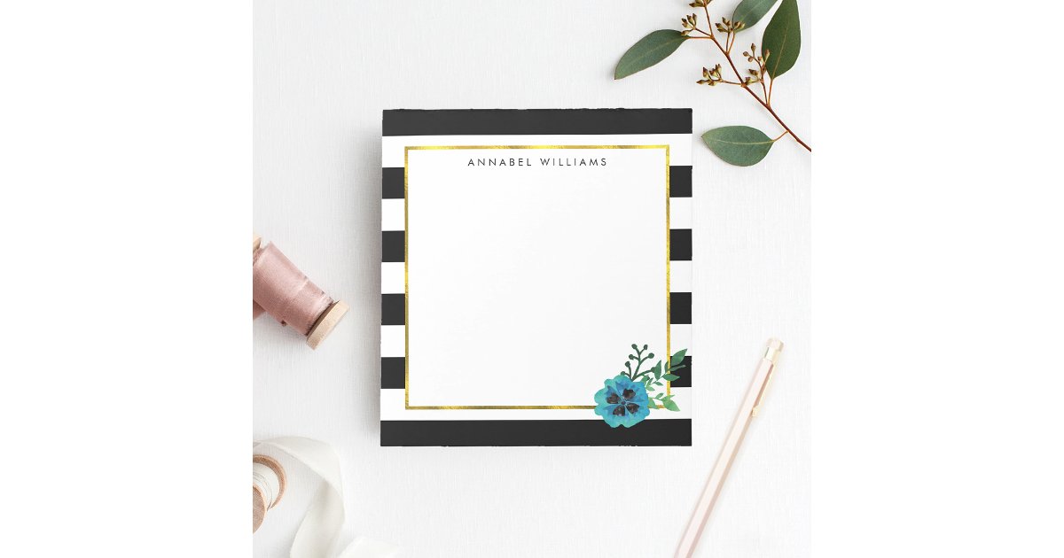 Black Stripe & Blue Flower Personalized Notepad | Zazzle