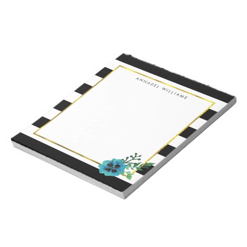 Black Stripe & Blue Flower Personalized Notepad | Zazzle