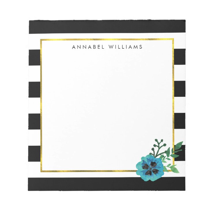 Black Stripe & Blue Flower Personalized Notepad | Zazzle