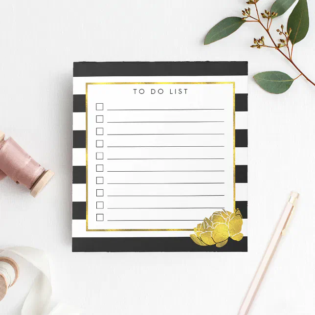 Black Stripe & Faux Gold Peony To Do List Notepad | Zazzle