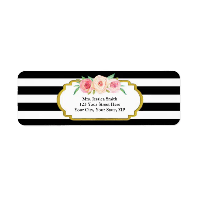 Black Stripe Gold Pink Floral Return Address Label | Zazzle