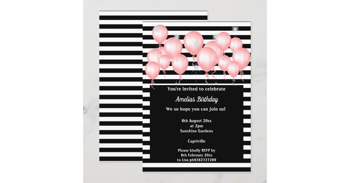 BLACK STRIPE PINK BALLOON BIRTHDAY PARTY INVITATION | Zazzle