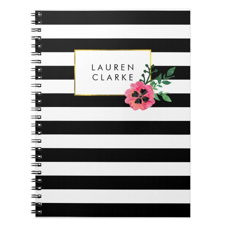 Black Stripe & Pink Floral Notebook | Zazzle