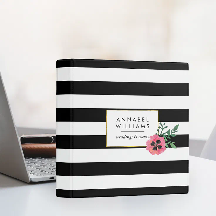 Black Stripe & Pink Floral Personalized Binder | Zazzle