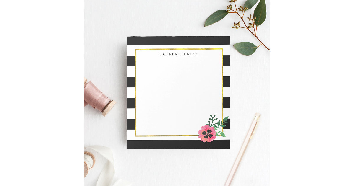 Black Stripe & Pink Floral Personalized Notepad | Zazzle