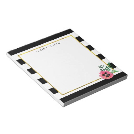 Black Stripe & Pink Floral Personalized Notepad | Zazzle