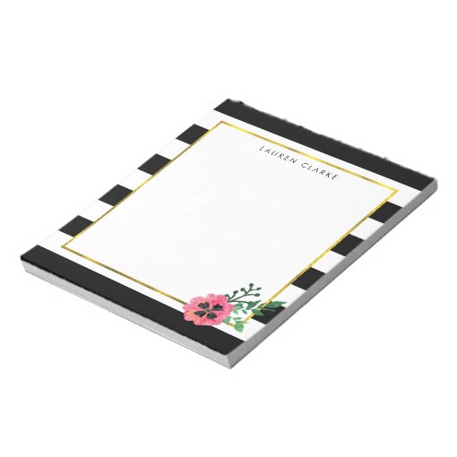 Black Stripe & Pink Floral Personalized Notepad | Zazzle