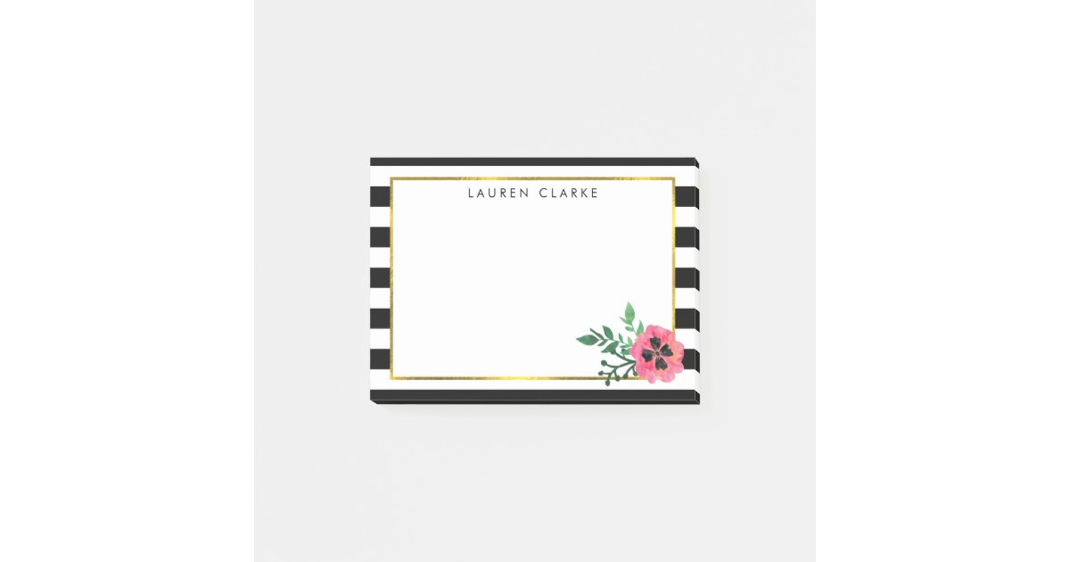 Black Stripe & Pink Floral Sticky Notes | Zazzle
