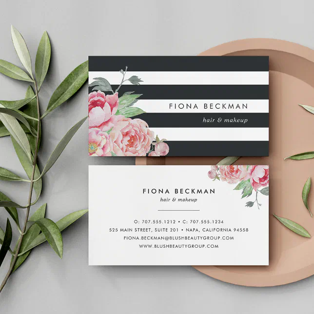 Black Stripe & Pink Peony Business Card | Zazzle