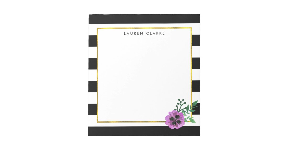 Black Stripe & Purple Pansy Personalized Notepad | Zazzle.com