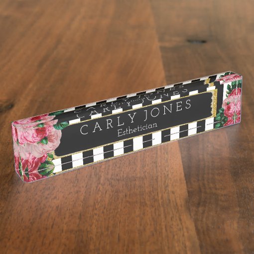 Black Stripes and Floral Desk Nameplate | Zazzle
